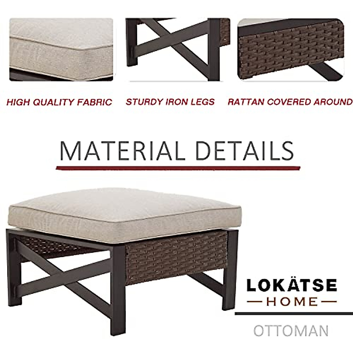 LOKATSE HOME Outdoor Metal Ottoman Patio Rattan Furniture Wicker Footstool Seat with Cushion, Brown