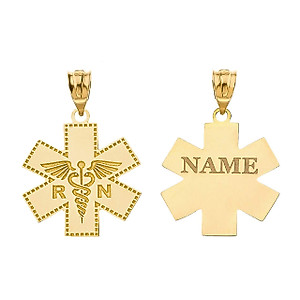 Solid 10k Yellow Gold Personalized Name Caduceus RN Charm Registered Nurse EMT Cross Pendant