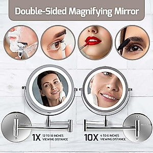 OVENTE 7" Lighted Wall Mount Makeup Mirror with 1X/10X Magnification, Cordless Double Sided Magnifying Round Vanity Mirror, 360° Swivel Design, Extendable and Folding Arm, Polished Chrome MFW70CH1X10X