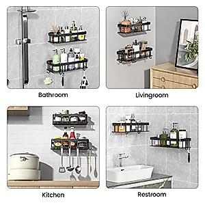 Eleulife Shower Caddy Shelf Basket, 2 Pack Shower Organizer No Drilling Adhesive Shower Storage Shelves Rack for Bathroom, Kitchen, Toilet, No Drilling, Rustproof (Black)