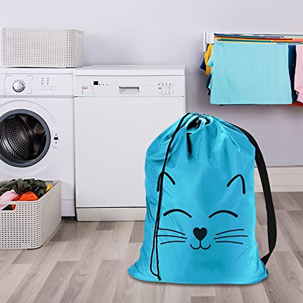Laundry Bag with Cute Cat Face Pattern, Laundry Bags Extra Large Heavy Duty, Cat Canvas Laundry Bag with Strap, Dirty Laundry Travel Bag, Easy Fit Laundry Hamper or Basket, Cat Lover Gifts for Women…