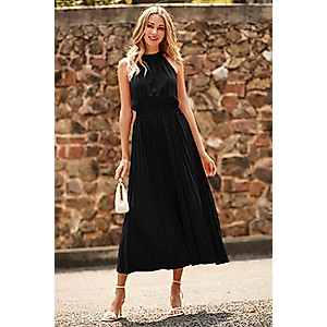 PRETTYGARDEN Women's Long Sun Dresses 2023 Sleeveless Halter Neck Flowy Pleated Maxi Cocktail Dress (Black,Large)