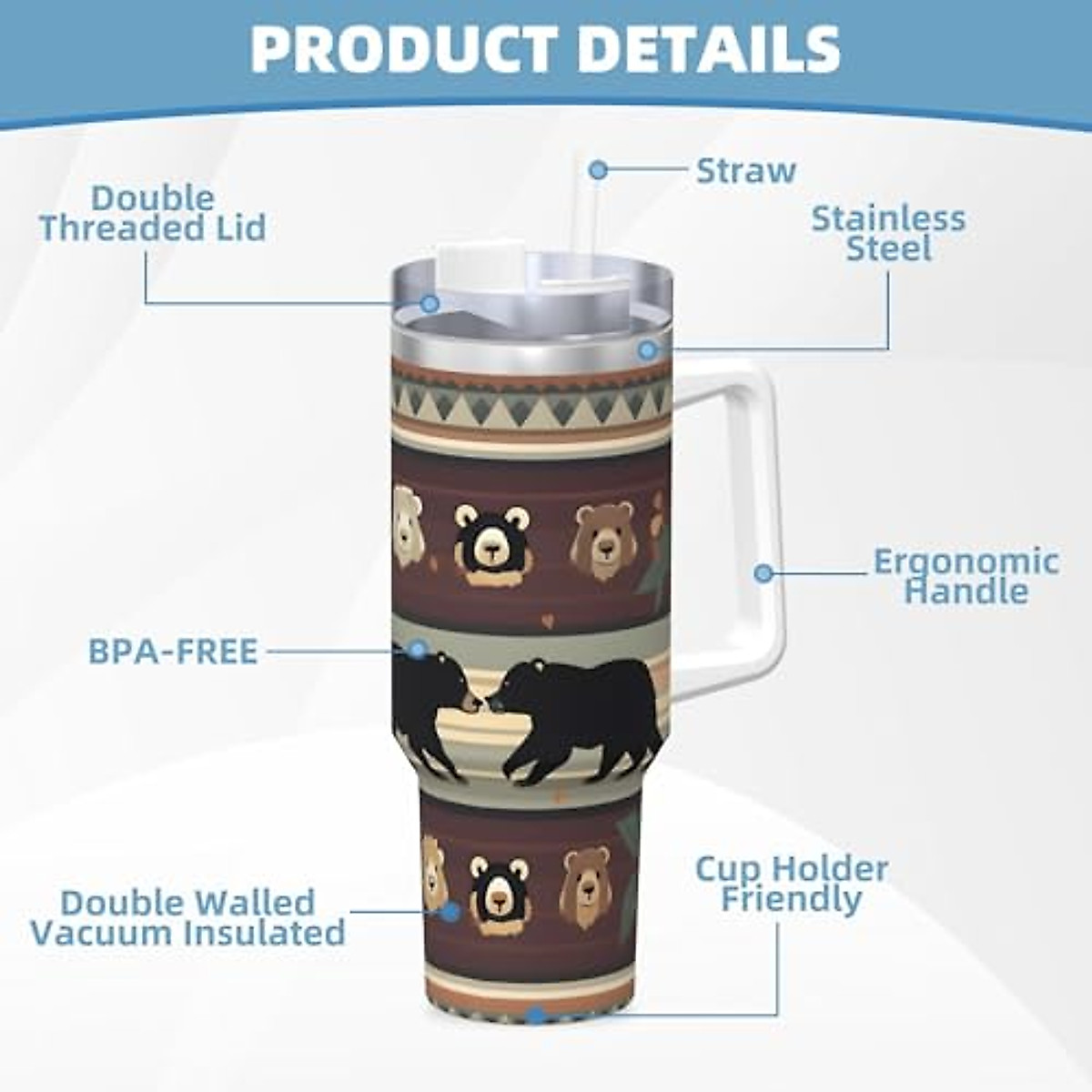 HULIBIN Bear Print Double Deck Stainless Steel Travel Coffee Cup With Lid 40 Oz Ice Bully Cup