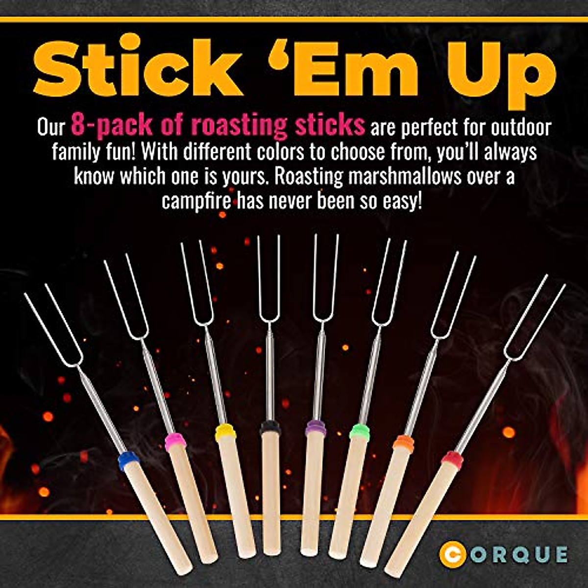 CORQUE Marshmallow Roasting Sticks, Smores Sticks, Extendable, Camping Skewer for Fire Pit, Wooden Handle, 32inch Metal for BBQ Hotdog, Cooking, Campfires, Bonfires, Set of 8