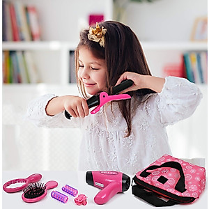 Click N' Play Set of 8 Kids Pretend Play Beauty Salon Fashion Play Set with Hairdryer, Curling Iron, Mirror & Hair Styling Accessories with a Beauty Tote Bag - Hair Salon Toys for Girls
