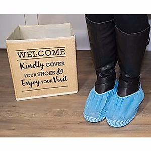 Premium Linen Look Foldable Shoe Cover Bin, Indoor Real Estate Bootie Box, Open House Supply with 10 Pack Shoe Covers and a Please Use Shoe Covers, Double Sided, Door Hanger (Linen Bin with 10 Pack Shoe Covers)