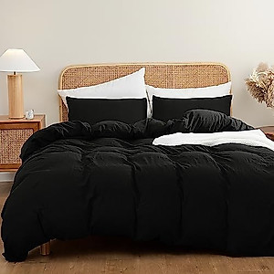 ATsense Duvet Cover Queen Size, Super Soft 100% Washed Microfiber 3 Piece Black Comforter Cover Bedding Set with Zipper Closure, 1 Duvet Cover 90x90 and 2 Pillowcases