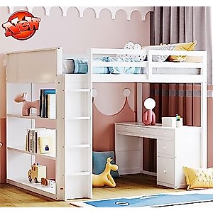 ZORQ Upgraded Version & Stronger Solid Wood Loft Bed Full Size with Storage Shelves and Drawers, More Stable Thickened Wooden Full Size Loft Bed Frame with Desk Underneath (Easier To Assemble) (White)