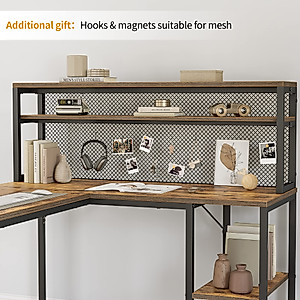 CubiCubi L Shaped Computer Desk with Hutch & Iron Mesh, 59 inch Large Home Office Desk with Storage Shelves, Study Table Writing Desk Workstation, Brown