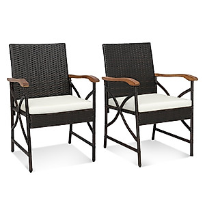 Tangkula Patio Wicker Chair Set of 2, Outdoor PE Rattan Chairs w/Soft Zippered Cushion, Heavy-Duty Metal Frame & All-Weather, for Backyard, Balcony (Set of 2, Off White)