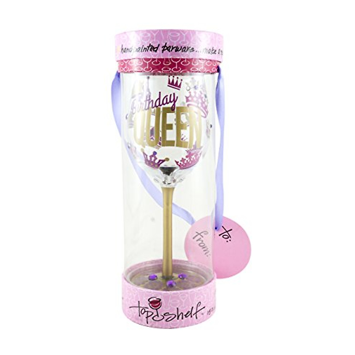 Top Shelf “Birthday Queen” Decorative Wine Glass ; Funny Gifts for Women ; Hand Painted Purple and Gold Design ; Unique Red or White Wine Glasses