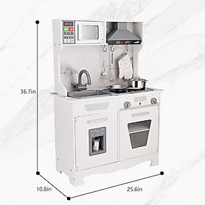 Wooden Play Kitchen Set for Kids, Toy Kitchen Playset with Real Lights and Sounds, Gift for Boys Girls Age 3+, Dimensions: 32” H x 28” W x 11” D (White)