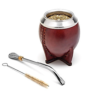 BALIBETOV Premium Yerba Mate Gourd (Mate Cup) - Uruguayan Mate - Leather Wrapped - Includes Stainless Steel Bombilla and Cleaning Brush. (Torpedo Burgundy)