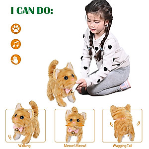 WorWoder Plush Electronic Interactive Cats That Move and Meow Waliking Lifelike Interactive Toy pet Stuffed Kitten for Girls Kids (Yellow Stripes)