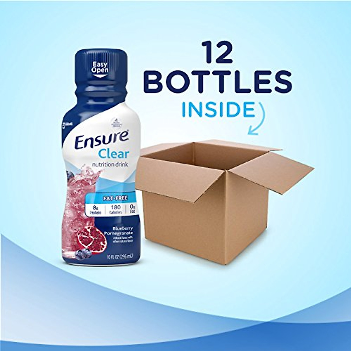 Ensure Liquid Clear Nutrition Drink, 0g fat, 8g of protein, Blueberry Pomegranate, 10 Fl Oz (Pack of 12), Bottle, gluten free