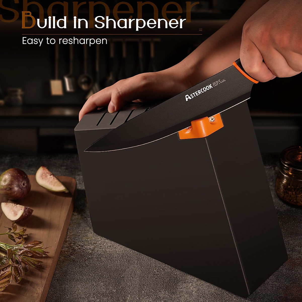 Knife Set, Astercook 15 Pcs Dishwasher Safe Kitchen Knife Set with Built-in Sharpener, High Carbon German Stainless Steel Black Knife Block Set