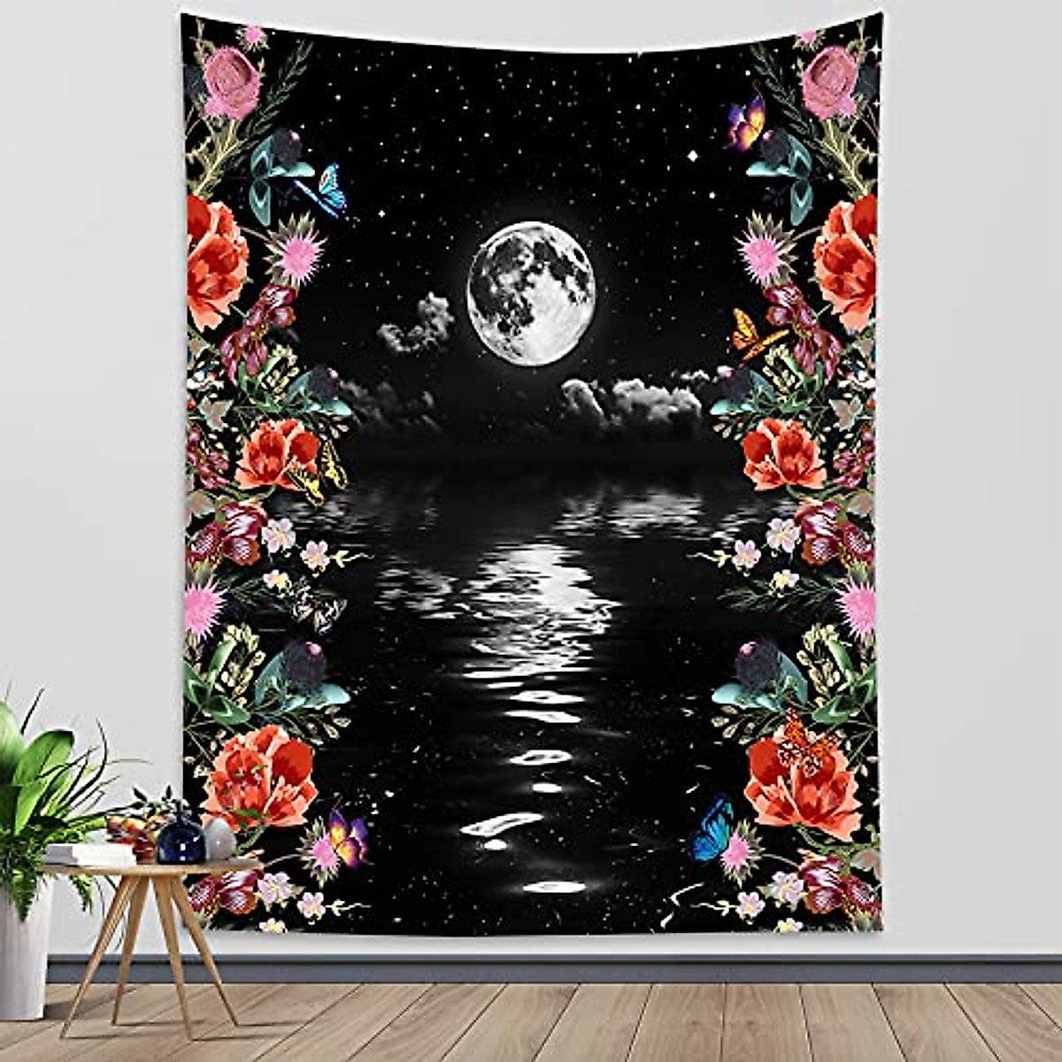 LB Full Moon Over Ocean Tapestry Wall Hanging, Moonlit Garden Tapestry, Night Sky Flower Plant on Black Background Wall Decor for Teen Bedroom Living Room Dorm Home Decor, 40 x 60 Inches