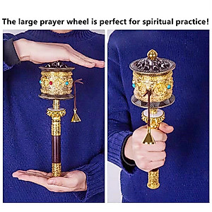 Copper Large Hand Held Prayer Wheel with Tibetan Buddhist Six-Character Truth Premium Buddha Scriptures, Wooden Handle Prayer Wheel for Praying, Blessing, Meditation, Healing, Relaxing, Yoga