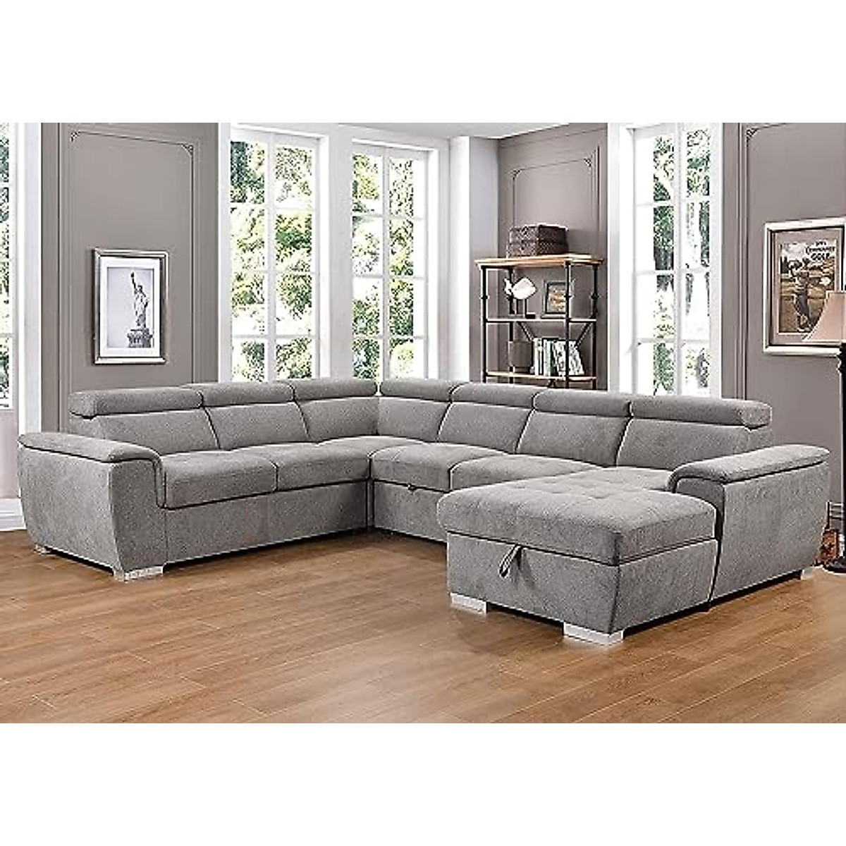 125"w U-Shaped Oversized Modular Sectional Sofa with Pull Out Sleeper Bed Adjustable Headrest and Right Storage Chaise Lounge,Convertible Upholstered Tufted Cushion 7-Seat Sofá&Couch for Large Space