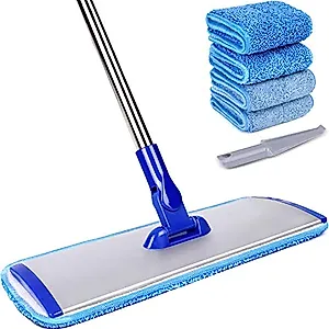 18" Professional Microfiber Mop Floor Cleaning System, Flat Mop with Stainless Steel Handle, 4 Reusable Washable Mop Pads, Wet and Dust Mopping for Hardwood, Vinyl, Laminate, Tile Cleaning