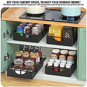 caktraie Pull Out Cabinet Organizer Fixed with Adhesive, Slide Out Drawer Storage Shelves - 10.8" W x 15.15" D Heavy Duty Pull Out Drawers for Kitchen Cabinets, Living Room, Home - Black