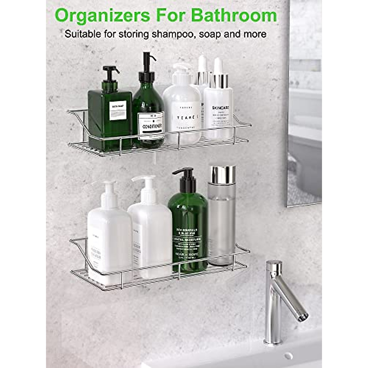 SMARTAKE 2-Pack Shower Caddy, Adhesive Bathroom Shelf Wall Mounted, No Drilling Strong Shower Caddies Kitchen Racks - Stainless Steel Storage Organizers (9.9 Inches), Silver