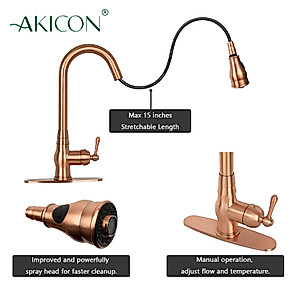 Copper Kitchen Faucet with Soap Dispenser, Single Handle Solid Brass High Arc Pull Down Sprayer Head Kitchen Sink Faucets with Deck Plate