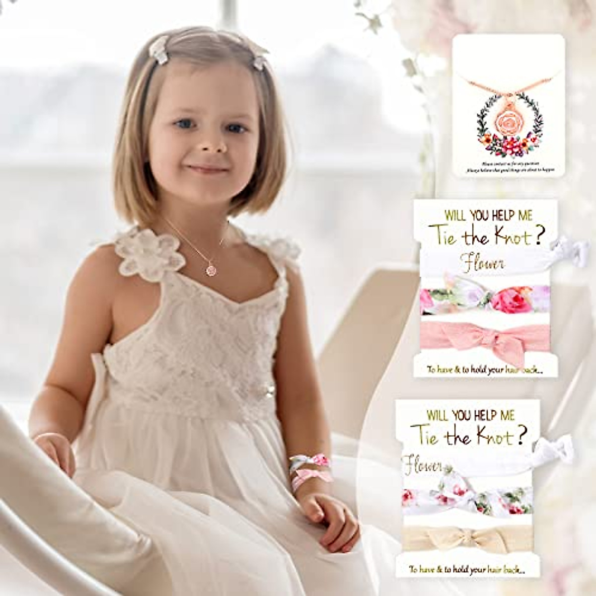 10 Pcs Flower Girl Proposal Gift Set, Flower Girl Box Flower Girl Necklace Sleeping Mask Makeup Pouch and 6 Pcs Flower Hair Ties Will You Be My Flower Girl Proposal Box for Bride Showers