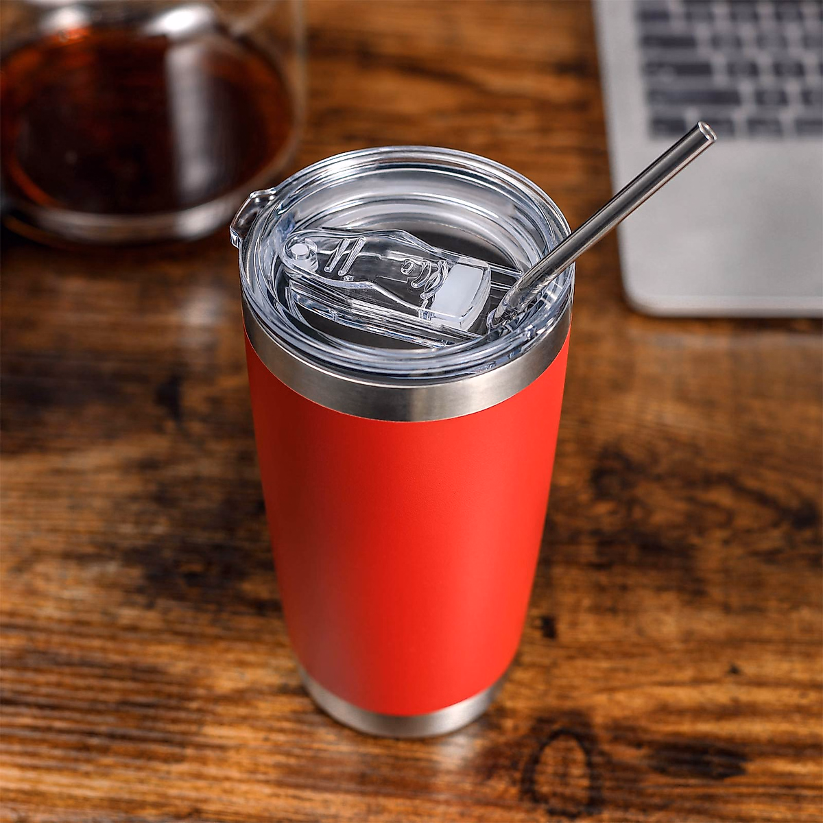 COMOOO 20oz Double Wall Vacuum Insulated Travel Mug, Stainless Steel Tumbler with Lid and Straw Durable Powder Coated Insulated Coffee Cup for Cold & Hot Drinks (Red, 6 PACK)