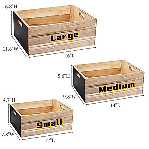 Lyellfe Set of 3 Wood Crates, Rustic Nesting Wooden Crates Unfinished for Display, Milk Organizer Storage Box with Chalkboard Handle, Natural Solid Wood