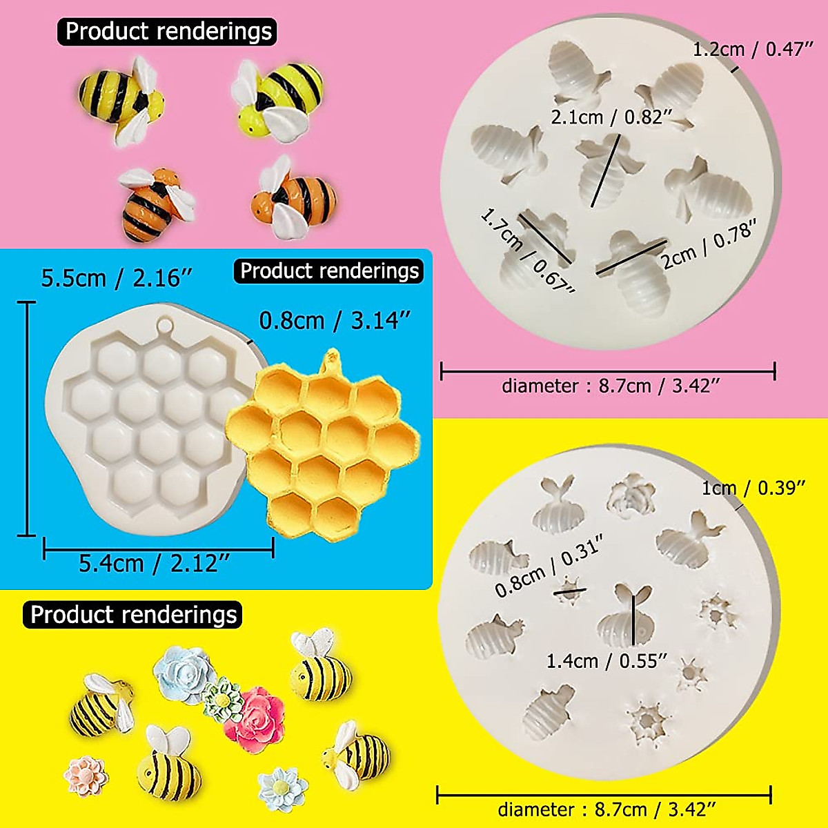5 Pcs Bumble Bee and Flower Fondant Molds, CNYMANY Handmade Silicone Honeycomb Baking Chocolate Molds for Birthday Party Decoration DIY Cake Topper Candy Cookies Polymer Clay Crafting Project