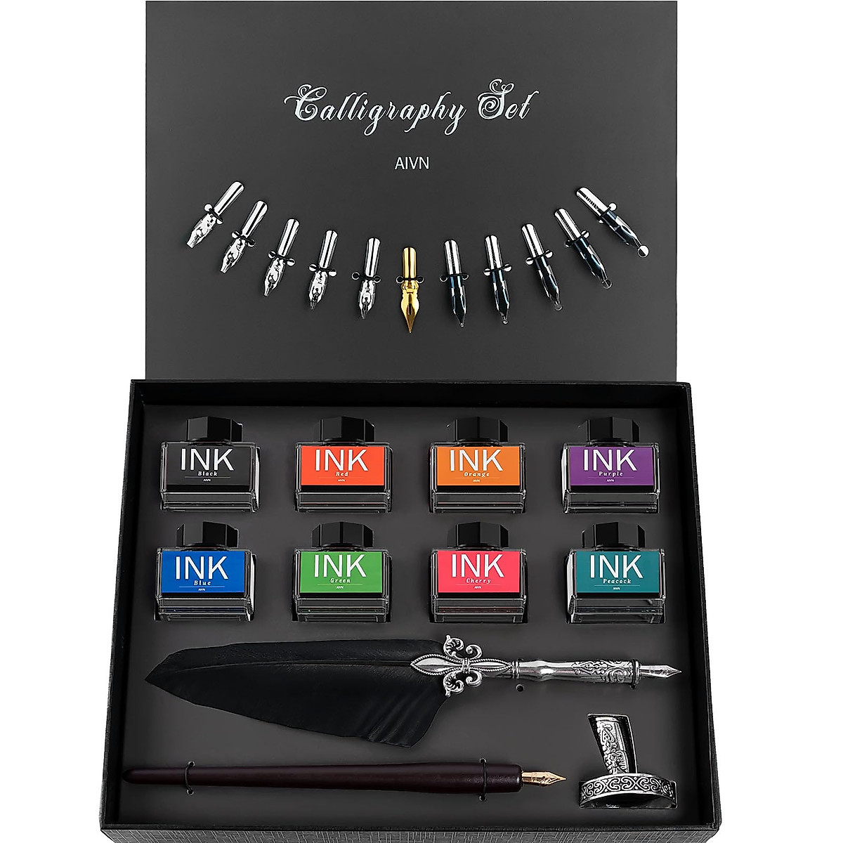 AIVN Complete Calligraphy Set for Beginners, Includes Calligraphy Pens, 12 Nibs, Quill Pen and Ink Set, Caligraphy Kits, Pen Holder and Introduction Booklet for Elegant Writing
