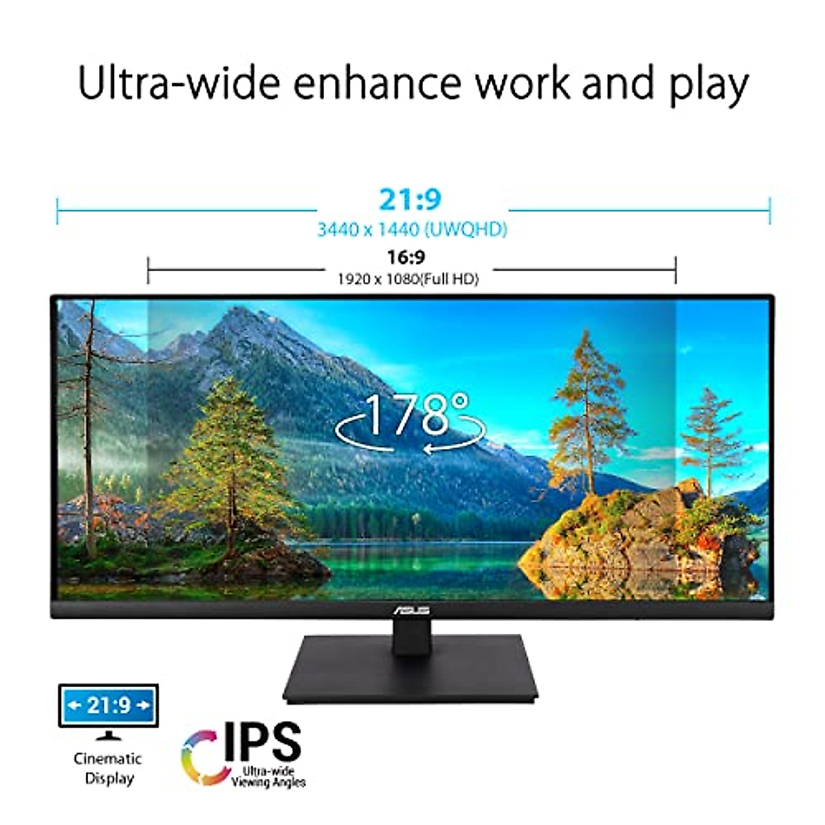 ASUS 34” Ultrawide HDR Gaming Monitor (VP349CGL) - 21:9 UWQHD (3440 x 1440), IPS, 100Hz, 1ms, USB-C w/Power Delivery, FreeSync, Eye Care Plus, VESA Mountable, HDMI, DisplayPort, Height Adjustable
