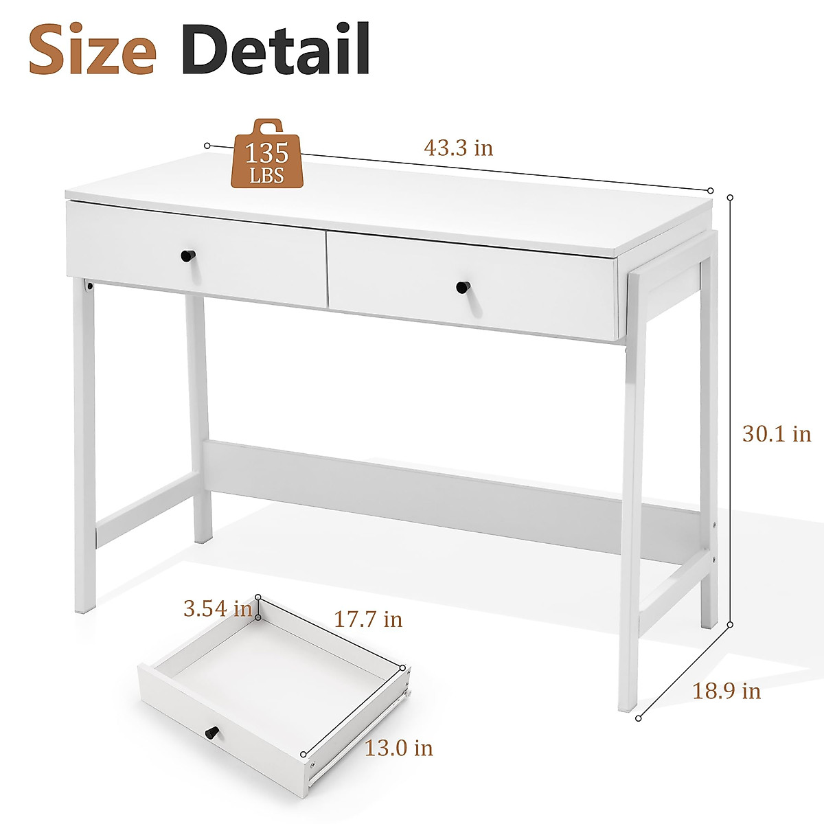 JOINHOM Home Office Desk with Drawers, Small Spaces Writing Desk with Storage for badroom, Work Desk for Home Office, Home Table, White