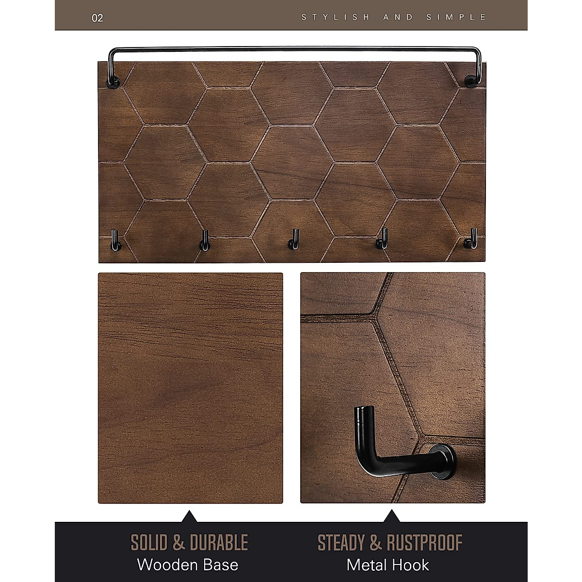 Emibele Sunglass Organizer Wall Key Holder, Decorative Wood Wall Jewelry Organizer Glasses and Sunglass Holder Display with 5 Hooks Key Rack Hanging Eyeglass Storage for Entryway Living Room, Walnut