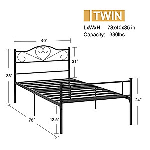 VECELO Metal Platform Bed Frame with Headboard & Footboard, Steel Slats Mattress Foundation, No Box Spring Needed, Twin, Matte Black