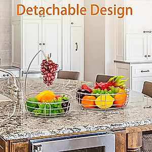 Bextcok 2 Tier Fruit Basket, Vegetables Fruit Bowl Storage with Banana Holder Hanger Hook Stand Organizer for Kitchen Countertop Counter (Double painted silver)