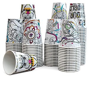 Art Kups 8 oz Paper Cups - 100 Pack - Variety of 7 Colored Unique Designs for Hot Cold Drinks - Eco-Friendly Disposable Cups for Events - Colorable, Recyclable, Ideal for Coffee Tea