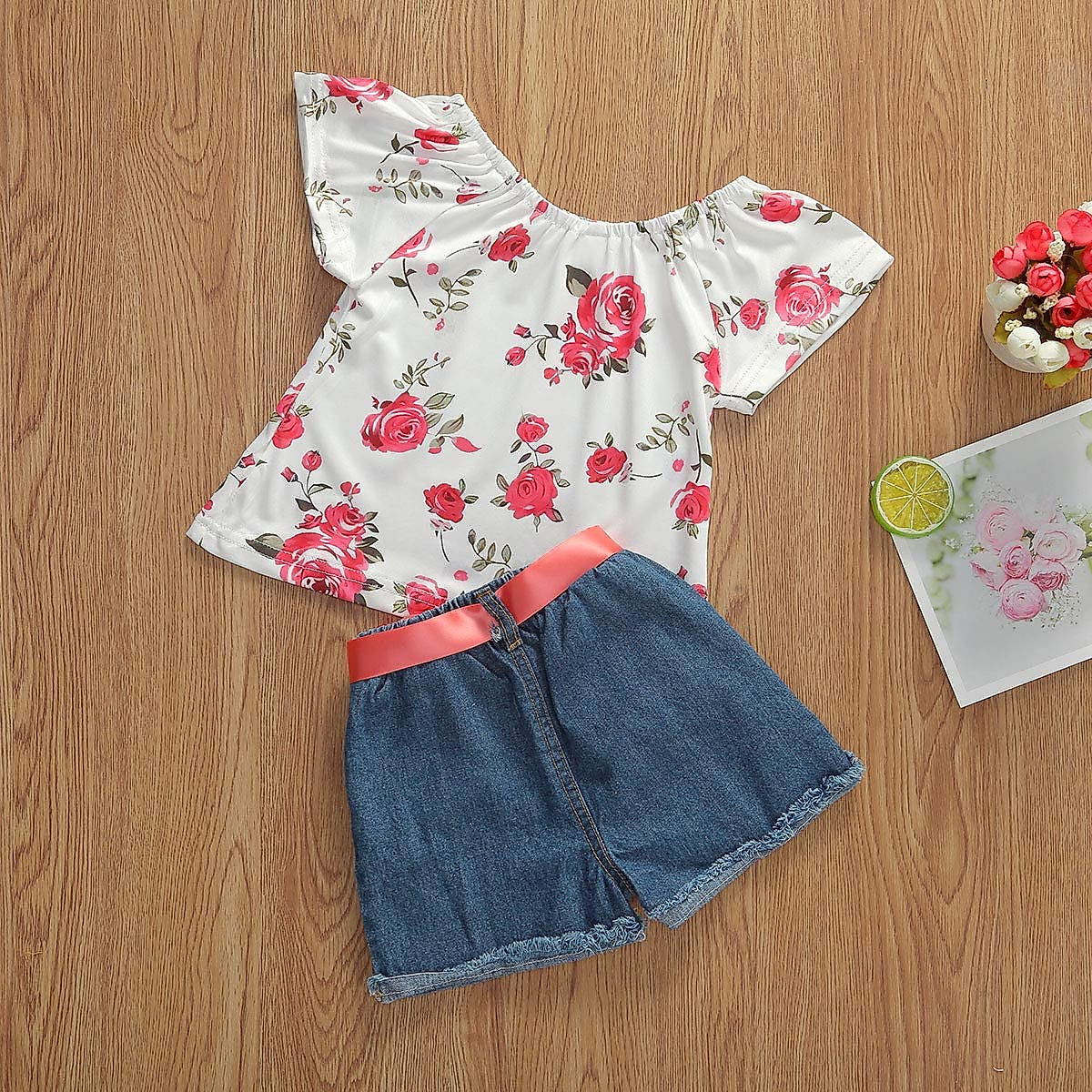 Bmnmsl Baby Toddler Girls Floral Short Sleeve Tops T-Shirt Vest & Denim Shorts Set Kids 1T 2T 3T 4T 5T 6T Clothes Summer Outfits (1, 3T)