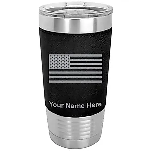 LaserGram 20oz Vacuum Insulated Tumbler Mug, Flag of the United States, Personalized Engraving Included (Faux Leather, Black)