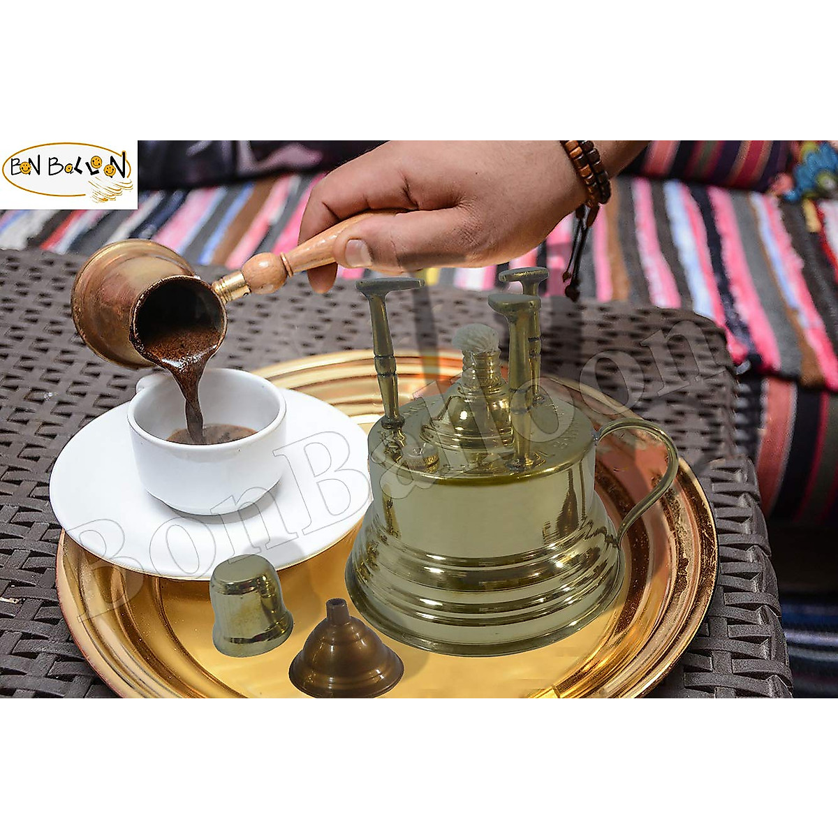 Al Bramony Brass Greek Turkish Coffee Maker Burner Table Top Tabletop With Brass Handle Arabian Solid Large Size Hand Hammered Handmade Egyptian Decanter+ Pot Ibrik Size N02 (Capacity 2 Cup)