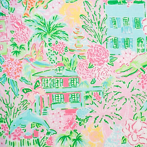 TWIG & BALE Colorful Pink Baby Blanket - 47" x 43" - Organic Cotton Muslin - Southern Preppy Charleston with Row Houses, Dolphin, Alligator, Birds, Floral Print Girl Baby Swaddle Blanket