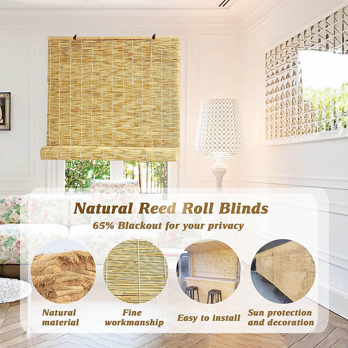 Roll Up Bamboo Shades Blinds for Patio ★Custom Size★Retro Reed Blinds Outdoor Roll Up Shades for Porch Sun Shade Reed Curtains Window Shades for Home Bamboo Roman Shades Privacy