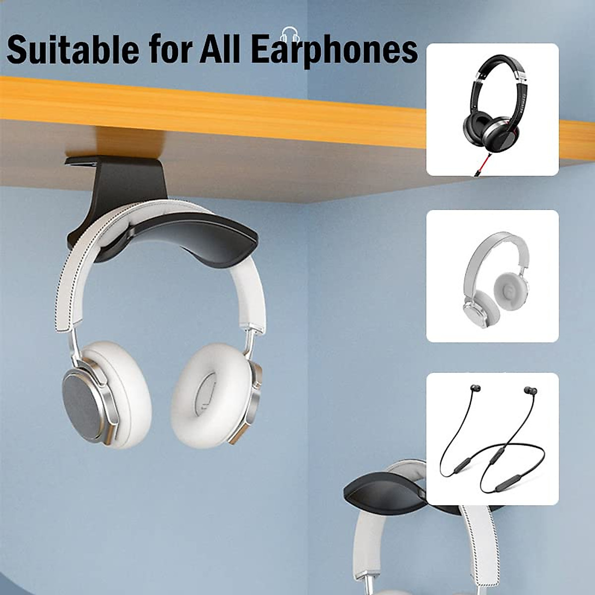 SIROLISA 2-Pack Never Fall Headphone Hooks Hanger Wall Mount, Headset Holder Stand for Universal Gaming Headset Airpods Max Sony Bose Beats, Strong Adhesive by Screws