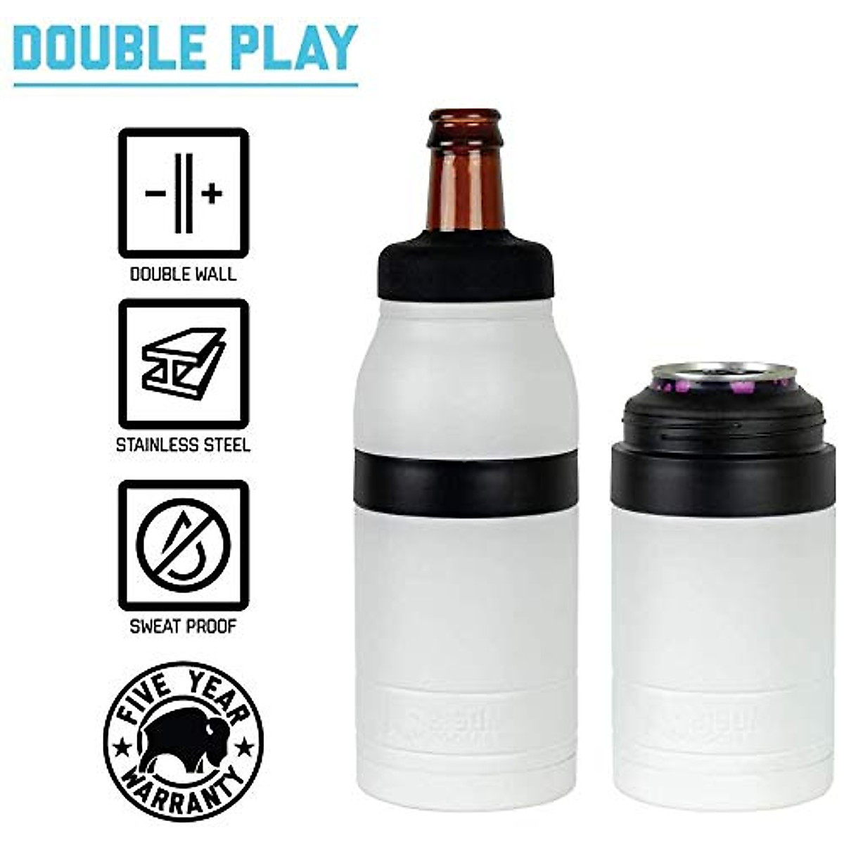 Bison Coolers 2 in 1 Can & Bottle Insulated Cooler Thermos | Vacuum Insulated Stainless Steel Beer Bottle/Can Cooler 12 oz (Double Play) (White)