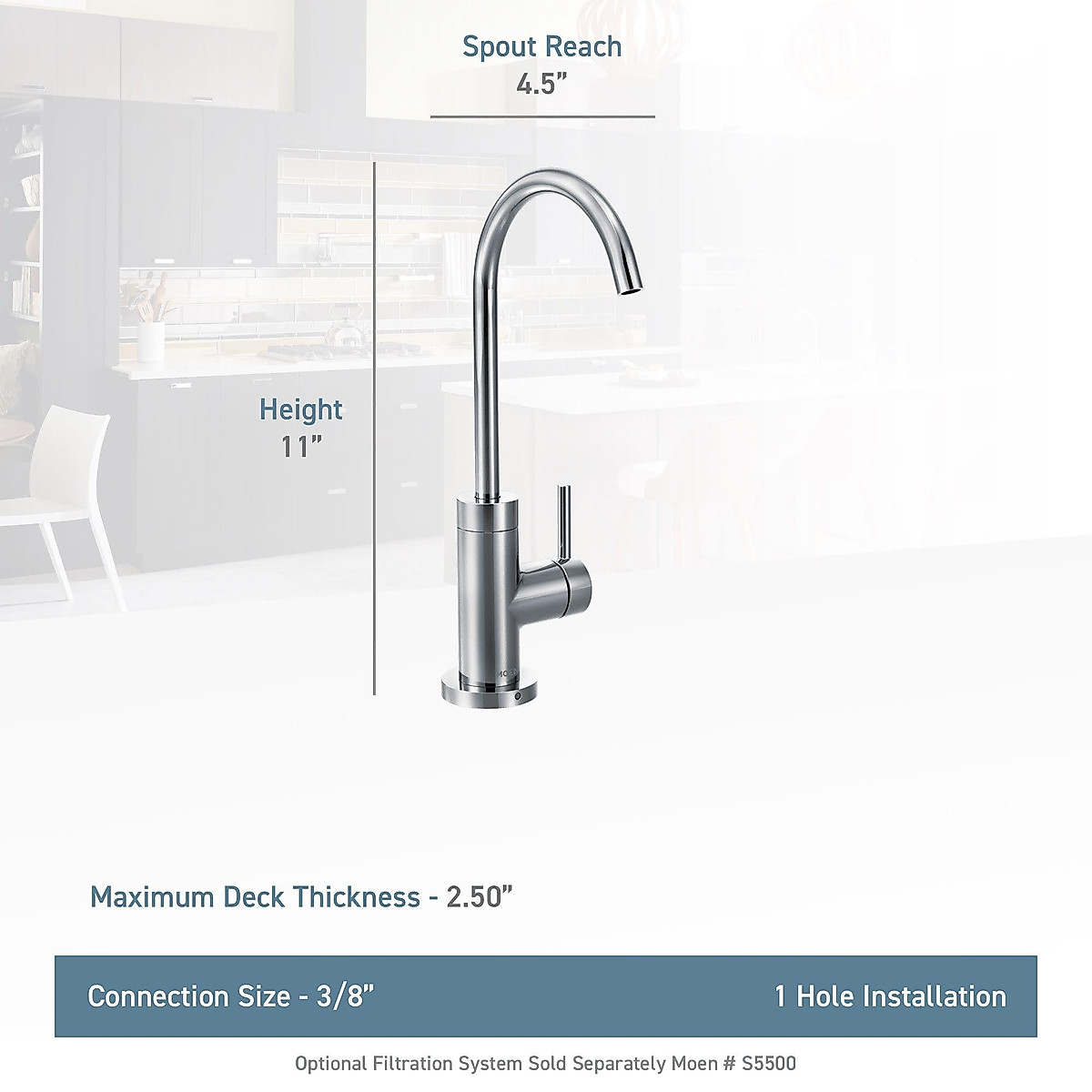 Moen Brushed Gold Sip Modern Cold Water Kitchen Beverage Faucet with Optional Filtration System, Drinking Water Faucet, S5530BG