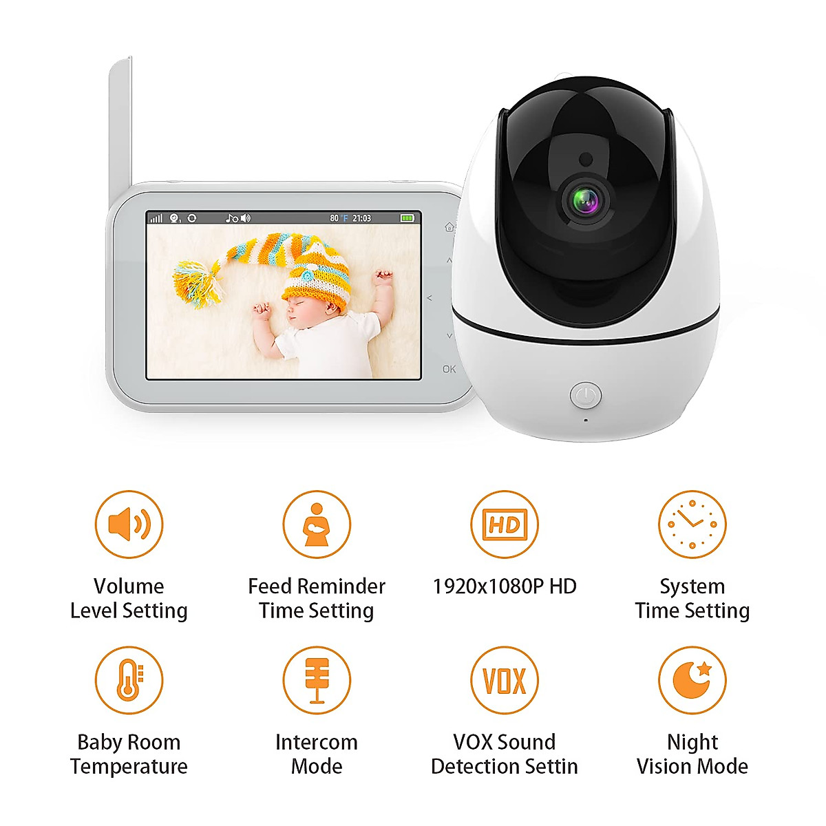 PRUVEEO Baby Monitor with Camera and Audio,Video Baby Monitor no WiFi with Night Vision, 1080P 4.5" HD IPS Display, Remote Pan-Tilt-Zoom, 960 ft Range, Two Way Talk, Room Temperature and Lullabies