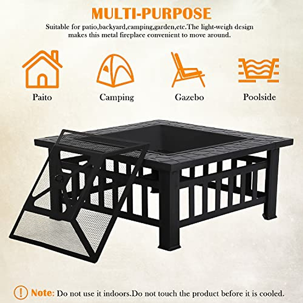 Outdoor Fire Pit 32 Inch Square Metal Firepit with Charcoal Rack& Spark Screen, Heavy Duty 3 in 1 Fireplace Backyard Patio Garden Stove for Camping, Outdoor Heating, Bonfire and Picnic