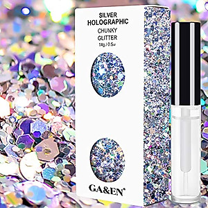 Silver Holographic Chunky Cosmetic Glitter Body Hair Face Eye Nail for Festival Carnival Concert Party Beauty Rave Accessories Different Sizes&Shapes ✮14g + Quick Dry Primer Glue Gel(5ml)