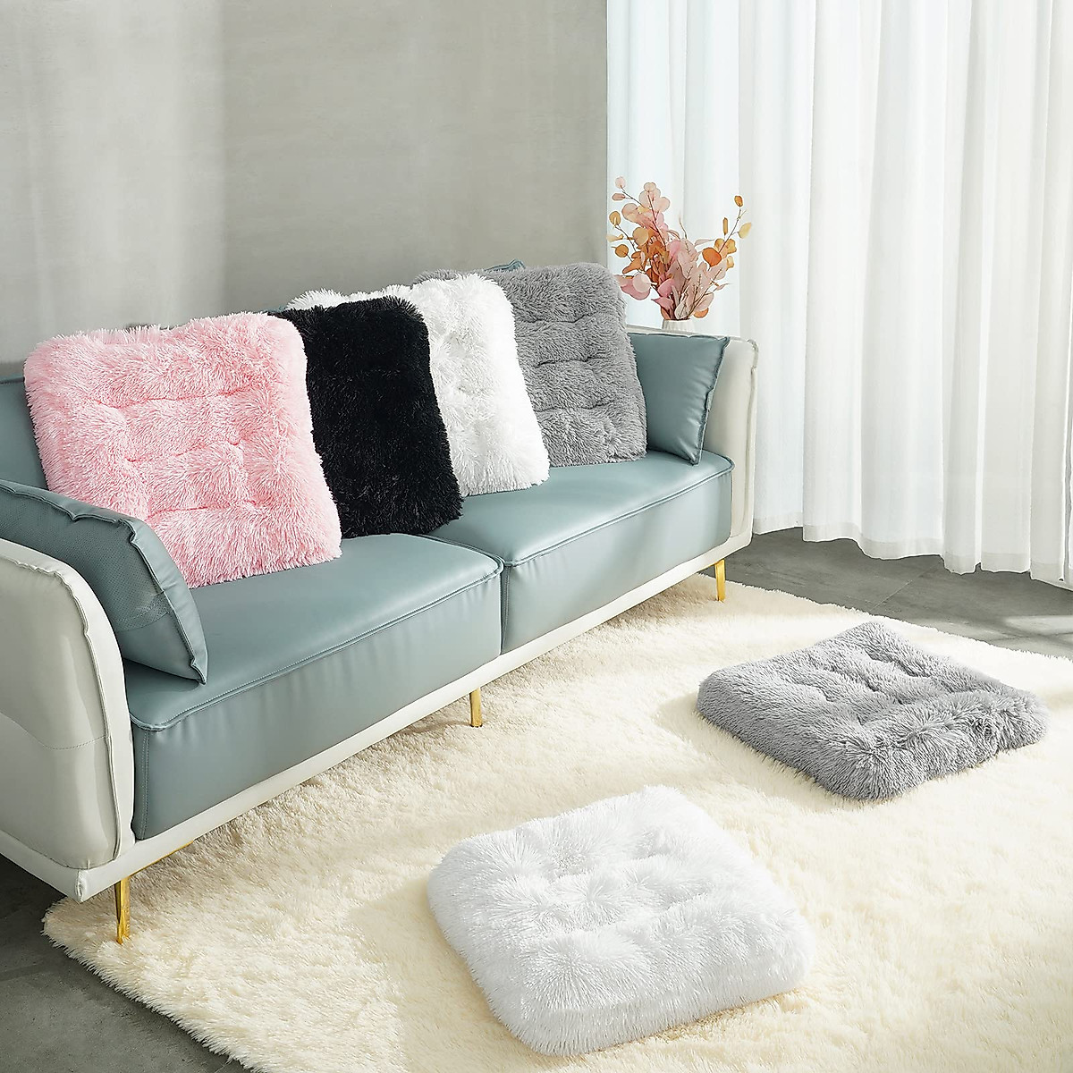 Espiraio Chair Cushion, Thick and Comfortable Seat Cushion Pads, Super Soft Cute Durable Square Pillow, Shaggy Chair Cover Chair Pads Home Decor Stools Floor Cushion Pet Pad 20 × 20 Inch Cream White